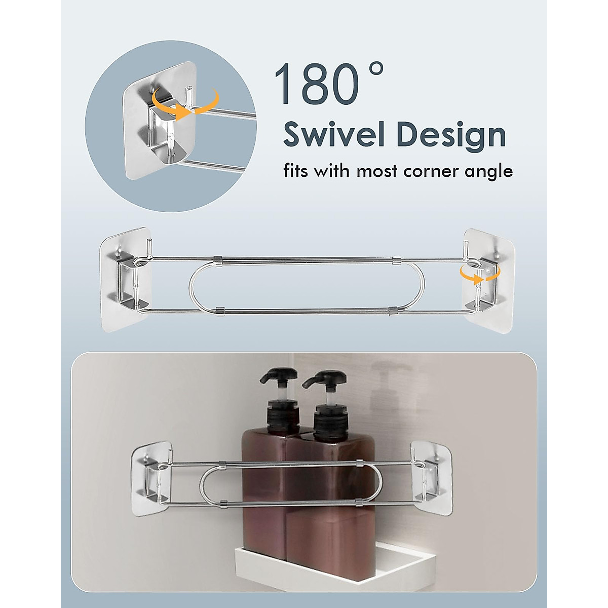 ELETHOR 2PCS RV Shower Corner Storage Bar, 7"-13" Adjustable RV Shelving Bars with 180° Swivel Angle Bases and Hooks, Stainless Steel RV Shower Caddy for SecuringToiletries