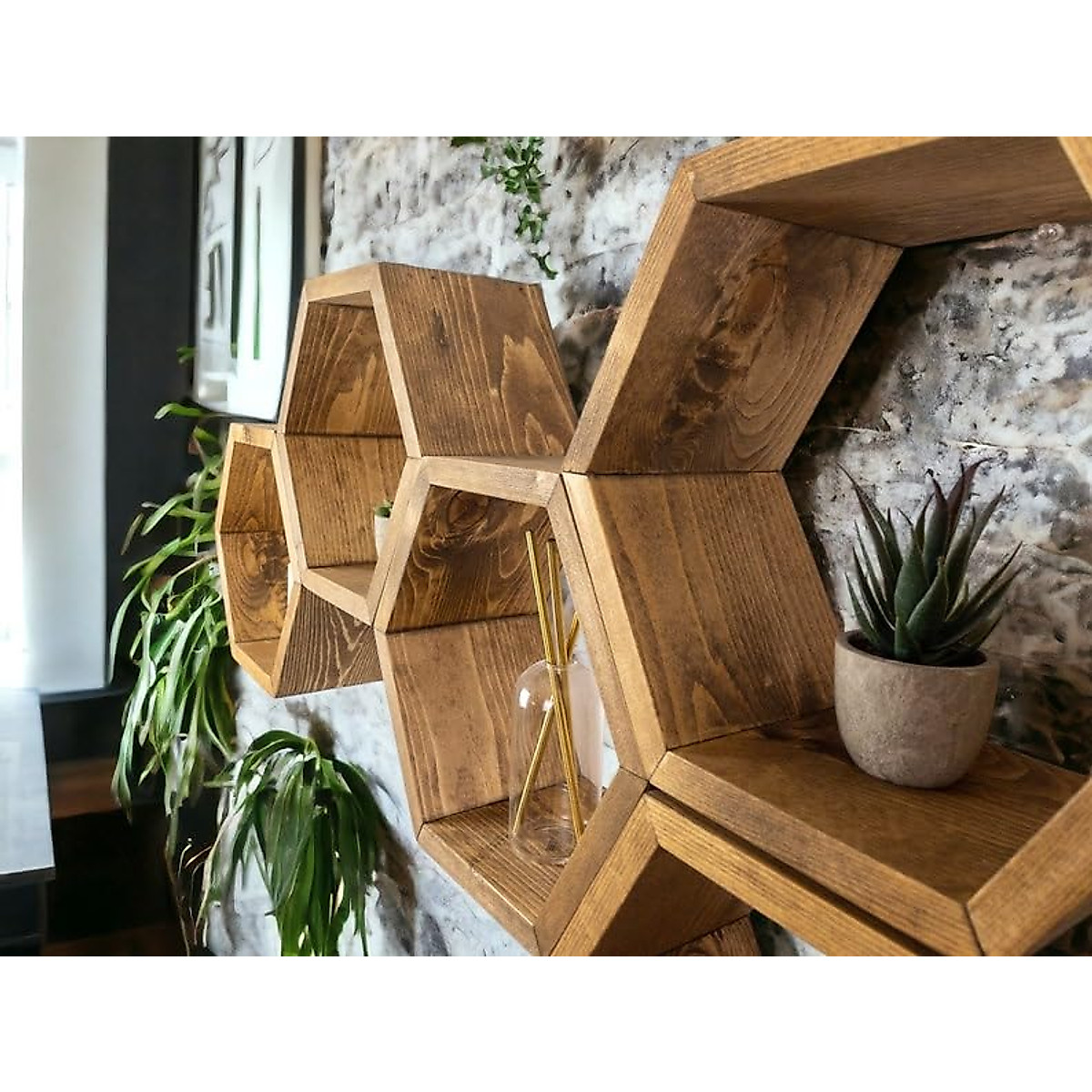 MUOSI Hexagon Shelves, Plant Shelves, Wide Hexagons Shelves, Honeycomb Shelves, Wall Decor （ Provincial I*Set of 6 Hexagons ）