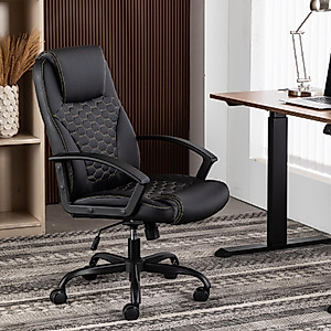 Office Chair Executive Office Desk Chair High Back Adjustable Ergonomic Managerial Rolling Swivel Task Chair Computer PU Leather Home Office Desk Chairs with Lumbar Support (Black,Gold Stitching)