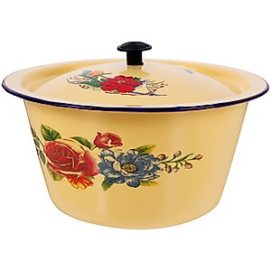 Retro Flower Enamel Stew Stockpot: Non- Stick Ceramic Coated Low Stockpot Stew Pot with Lid 16cm Quart Stockpots Soup Casserole Pasta Milk Sauce Pot for Kitchen Cooking 18CM