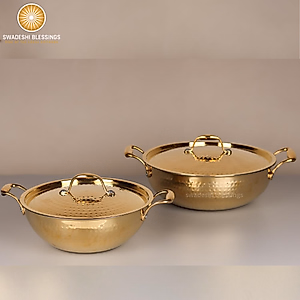 Swadeshi Blessings Exclusive Range Brass Kadai for Cooking with Lid/Teflon-Free/Naturally Non-Stick Brass Utensils with Tin Coating (2 Litres)