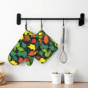 Colorful Leaf Silicone Oven Mitts Pot Holder Sets 2pcs Cute Design Washable Non Slip Kitchen Heat Resistant Mat Women's Cooking Gloves for Baking and BBQ Wear