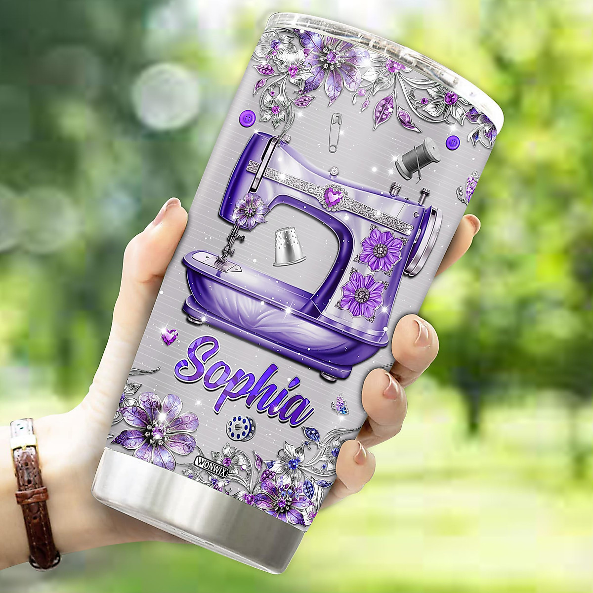 WONWIX Personalized Sewing Gifts For Women Travel Coffee Cup 20oz Stainless Steel Tumbler With Lid Jewelry Style Fabric Quilting Gift for Tailor Seamstress Crochet Lover