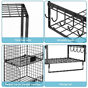 ThreeHio 3 Pack Laundry Room Shelves Wall Mounted with Wire Storage Baskets, Over Washer and Dryer Shelves with Hanging Rods and Hooks, Wire Wall Shelves Baskets for Laundry Organization and Storage
