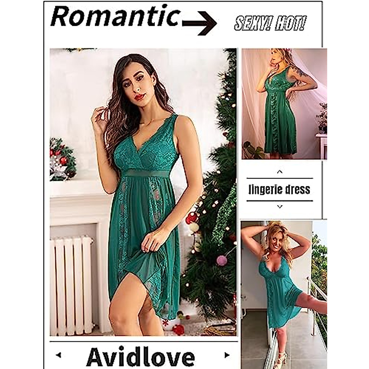 Avidlove Sexy Lingerie for Women Sheer Lace Nightgowns Bridal Babydoll Nightwear Dark Green, XL