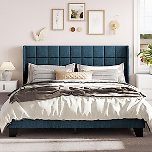 Allewie King Size Platform Bed Frame with Wingback, Upholstered Square Stitched Headboard and Wooden Slats, Mattress Foundation, Box Spring Optional, Easy Assembly, Dark Blue