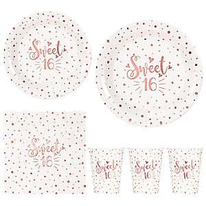 Crisky Rose Gold Sweet 16 Birthday Napkins Plates Cups Set for Girl 16th Birthday Party Decorations Supplies, Disposable Tableware Set of 24 (9" Plates, 7" Plates, Luncheon Napkins, 9oz Cups)
