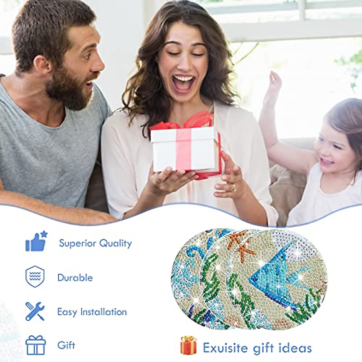 LSHUOYAN 8 Pcs Sea Creature Diamond Painting Coaster Set, DIY Acrylic Coaster with Stand, Diamond Painting Kits, Art Craft Supplies for Beginners, Adults and Children