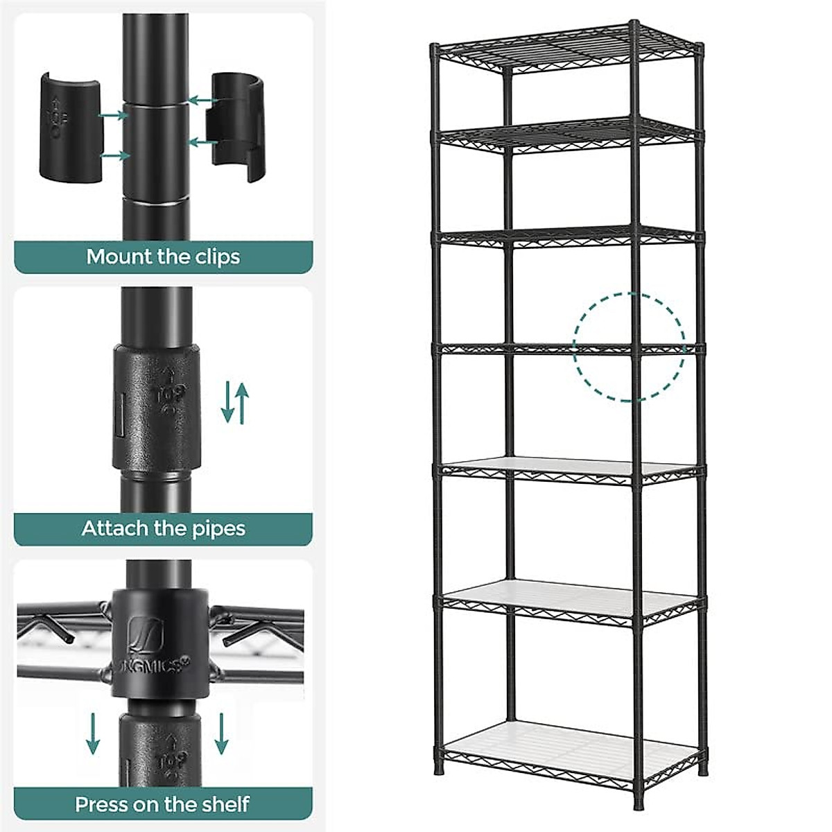 SONGMICS 7-Tier Metal Storage Shelves, Wire Shelving Unit, Adjustable Shelves, Garage Shelving, Kitchen, Living Room Storage Rack, Shelf Liners, 8 Hooks, Total Max. Load 616 lb, Black ULGR067B01