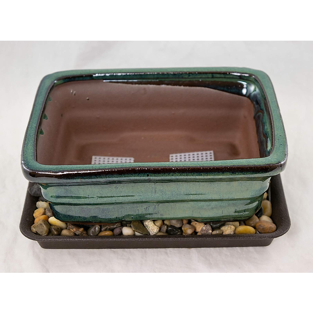 8" Rectangular Green Stain Bonsai/Succulent Pot + Tray + Rock + Mesh Combo