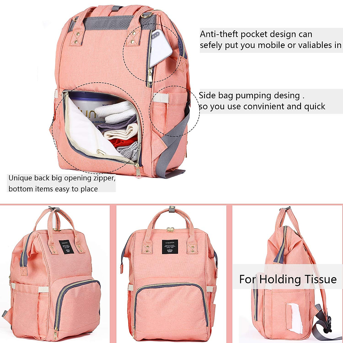 Diaper Bag Multi-Function Waterproof Travel Backpack Nappy Bags Large Capacity Stylish and Durable for Baby Care. (Orange Pink)