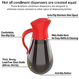 Brieftons Oil & Vinegar Dispensers: 2 x 18.6 Oz Leakproof Glass Oil Dispenser Bottles, Dual Condiment Dispensing Cruets, Easy Pouring with Auto Flip Cap & Stopper, Drip Free & Spill Free Design