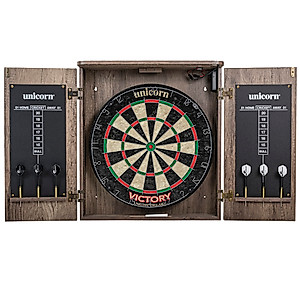 Unicorn LED Bristle Dartboard Cabinet Set - LED Tournament-Style Lighting - Official Size Dartboard - Woodgrain Finish Cabinet with Chalk Scoreboards - Includes Six Steel Tip Darts, Brown