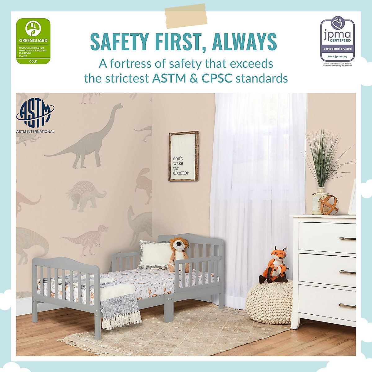 Dream On Me Classic Design Toddler Bed In Cool Grey, Greenguard Gold And JPMA Certified, Low To Floor Design, Two Side Safety rails, Non-Toxic Finishes, Wooden Nursery Furniture