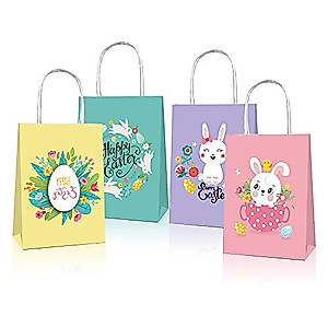 20 Pieces Happy Easter Day Treat Bags with Handles Large Goodie Gift Bags Recycled Cardboard Bags for Kids School Classroom Party Favor Supplies Decor Bunny and Eggs Easter Basket Containers