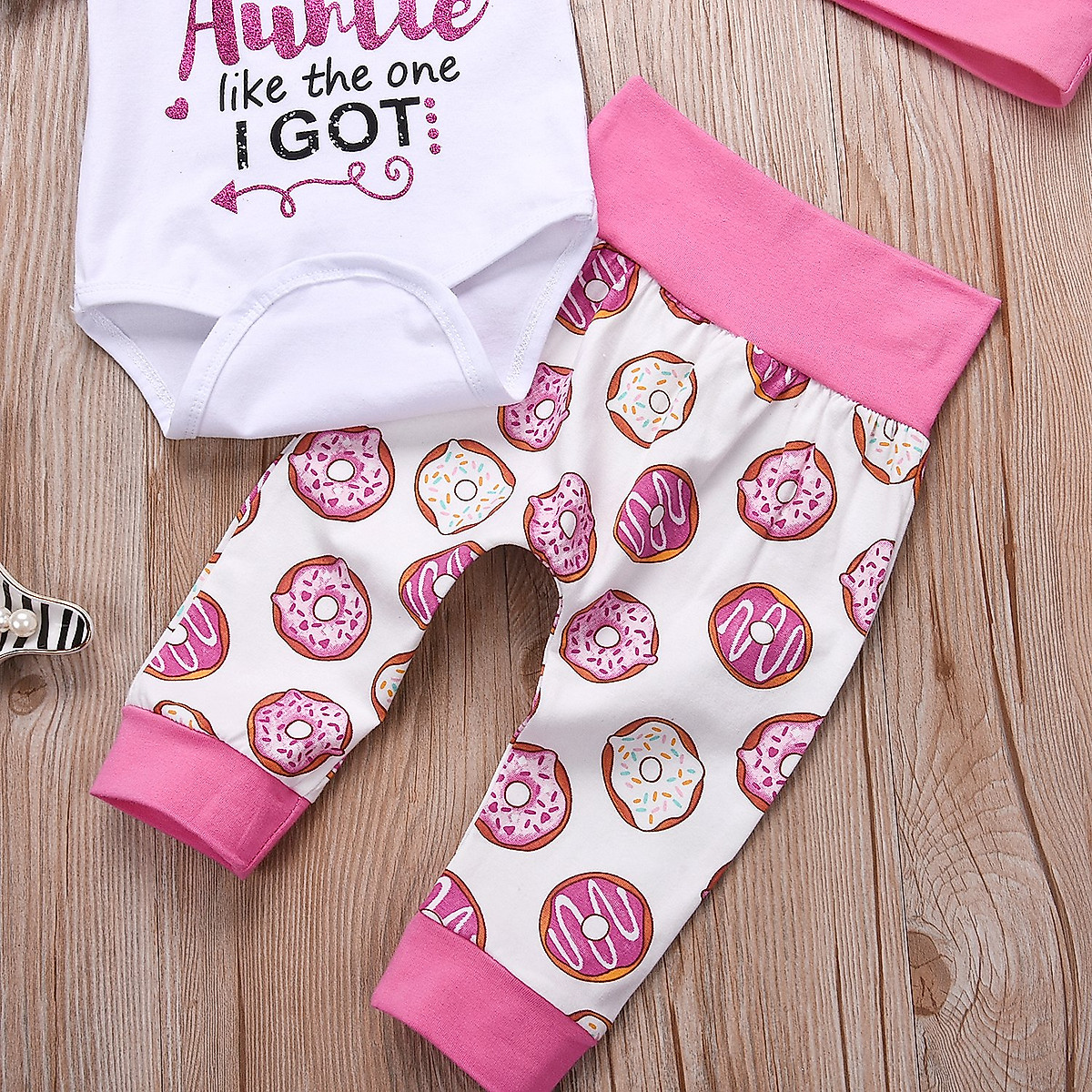 3Pcs/Set Newborn Baby Girls Outfit Auntie Bodysuit Romper with Headband+Donuts Long Pants Clothes Set (Pink, 0-6M)