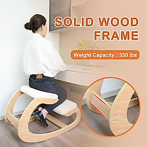 QIUJIARUI Ergonomic Kneeling Chair with Comfort Cushion，Wooden Rocking Seat for Improved Posture – Perfect for Home and Office Use (Beige)