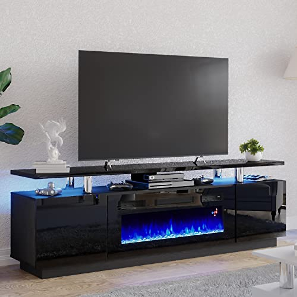 Amerlife Fireplace TV Stand with 36" Fireplace, 70" Modern High Gloss Entertainment Center LED Lights, 2 Tier TV Console Cabinet for TVs Up to 80", Black