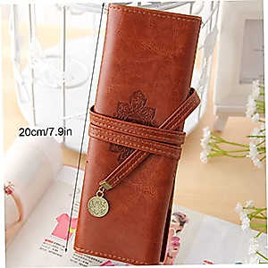 Pencil Bag Pen Pouch Leather Vintage 21x8cm Brown Roll Up Case Retro Stationery Storage School Supply Pen Case Leather Pencil Bag,Pencil Leather Roll Pouch,Pencil Pouch Bag,Pencil Roll