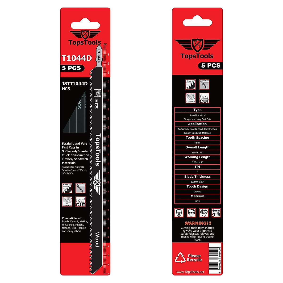 5 x TopsTools JSTT1044D T1044D 10" (250mm) Long Clean and Fast Cuts Wood Cutting Jigsaw Blades Compatible with Bosch, Dewalt, Makita, Milwaukee and many more