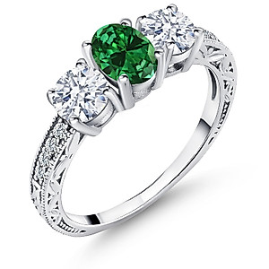 Gem Stone King 925 Sterling Silver Oval Green Simulated Emerald 3 Stone Ring | 2.22 Cttw | 3 Stone Wedding Engagement Anniversary Promise Ring For Women (Size 7)