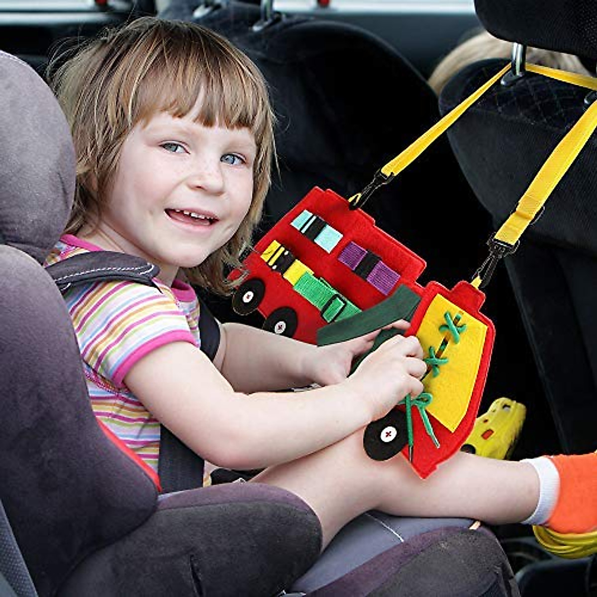 Busy Board for Toddlers 1-3 or 2-4, Firetruck Preschool Educational Early Learning Toy, Basic Life Skills and Fine Motor Montessori Activities for Kids, Learn to Dress Sensory Toy as Travel Game