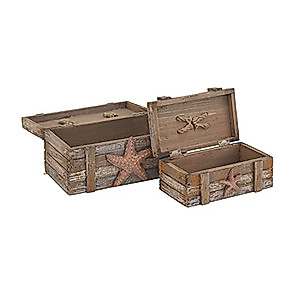 Deco 79 Wood Starfish Handmade Distressed Box with Knotted Rope Details, Set of 2 10", 7"W, Brown