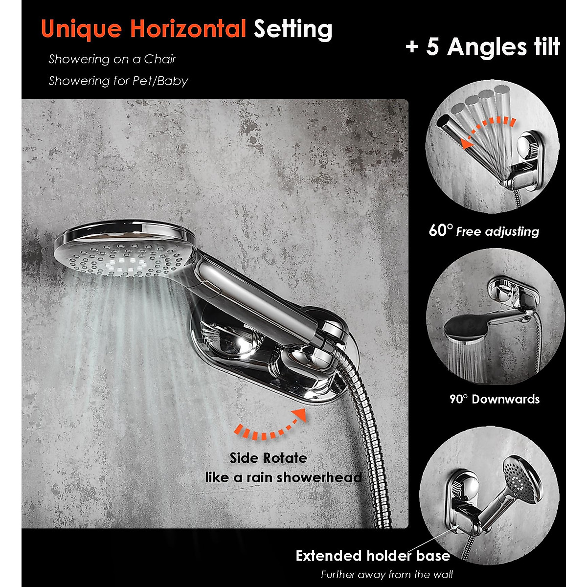 Suction cup Handheld Shower Head Holder - 5 Angles Adjustable - Unique Horizontal Setting - Large Shower Head Supports, Relocatable - Wall mounted with Vacuum Power (Chrome)
