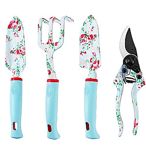 Gardening Tools, 4 PCS Heavy Duty Floral Garden Tool Set, WANCHI Rustproof Aluminum Gardening Hand Tools,Gardening Gifts for Women Birthday, Gardening Kit（Rake，Trowel，Transplanter，Pruning Shears）