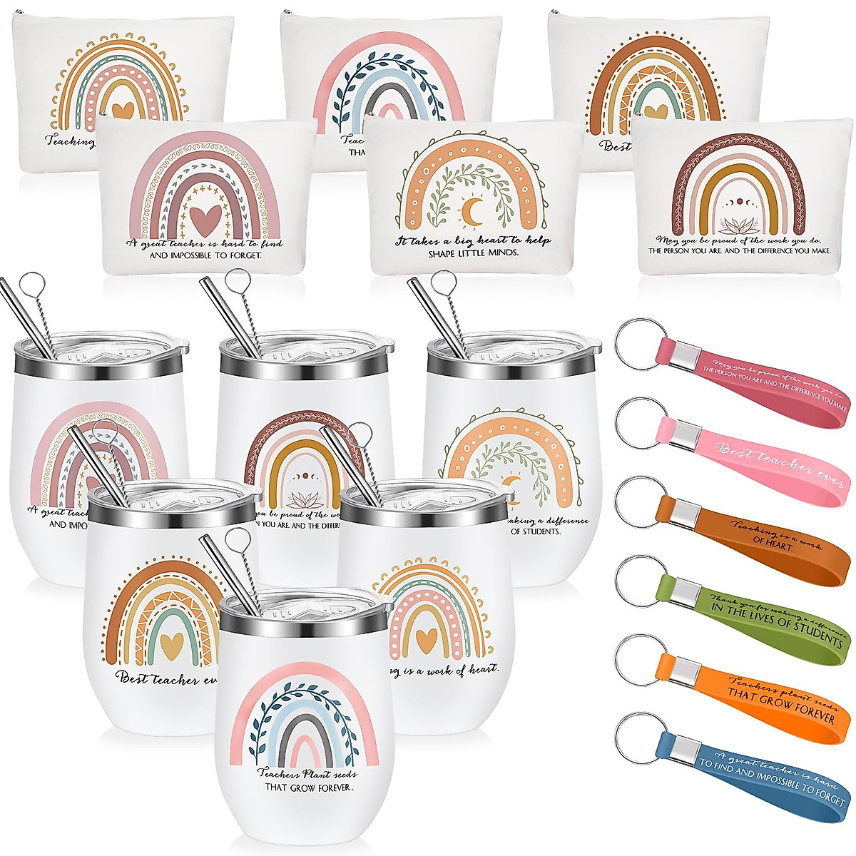 Rtteri 6 Set Teacher Appreciation Gifts Bulk 12 oz Rainbow Tumbler with Lid Straw Brush Keychains Makeup Bags Thank You Teacher Gift Back to School Appreciation Gift Set for Birthday Graduation Women