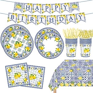 122PCS Capri Lemon Party Supplies for Baby Showe Bridal Shower Wedding Summer Citrus Fruit Themed Birthday Decor Italy Yellow Lemon Tablecloth Banner Tableware Set Plates Napkins Forks for 20 Guests
