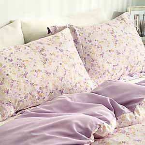 McVernon's Floral Duvet Cover Twin Size, 2 Pcs Purple-Pink Duvet Cover for All Season, Soft, Breathable ＆ Durable Bedding Sets with Zipper Closure and Ties, 1 Duvet Cover and 1 Pillow Shams
