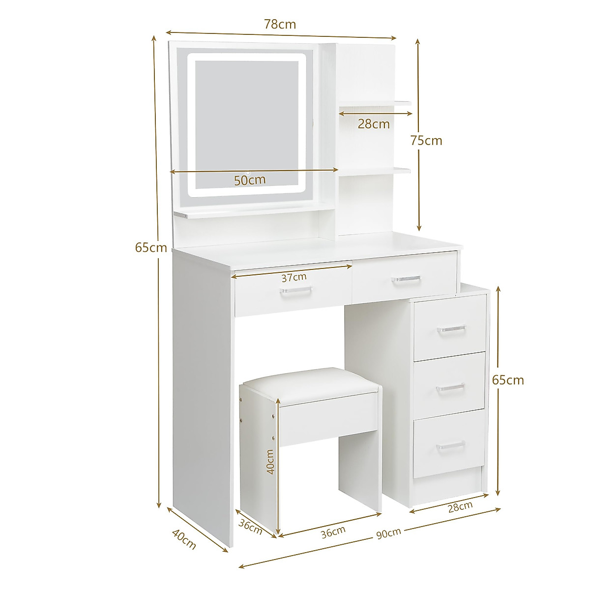 Lucaseone Vanity Table with Lighted Mirror, Makeup Vanity with Lights and Drawers, Vanity Desk Dressing Table with Cushioned Stool for Bedroom (3080 LED White)