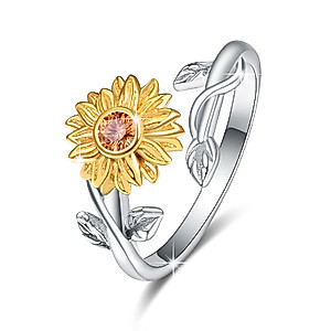 AOVEAO Sunflower Rings for Women, 925 Sterling Silver You are My Sunshine Adjustable Open Band Rings Sunflower Jewelry Gifts