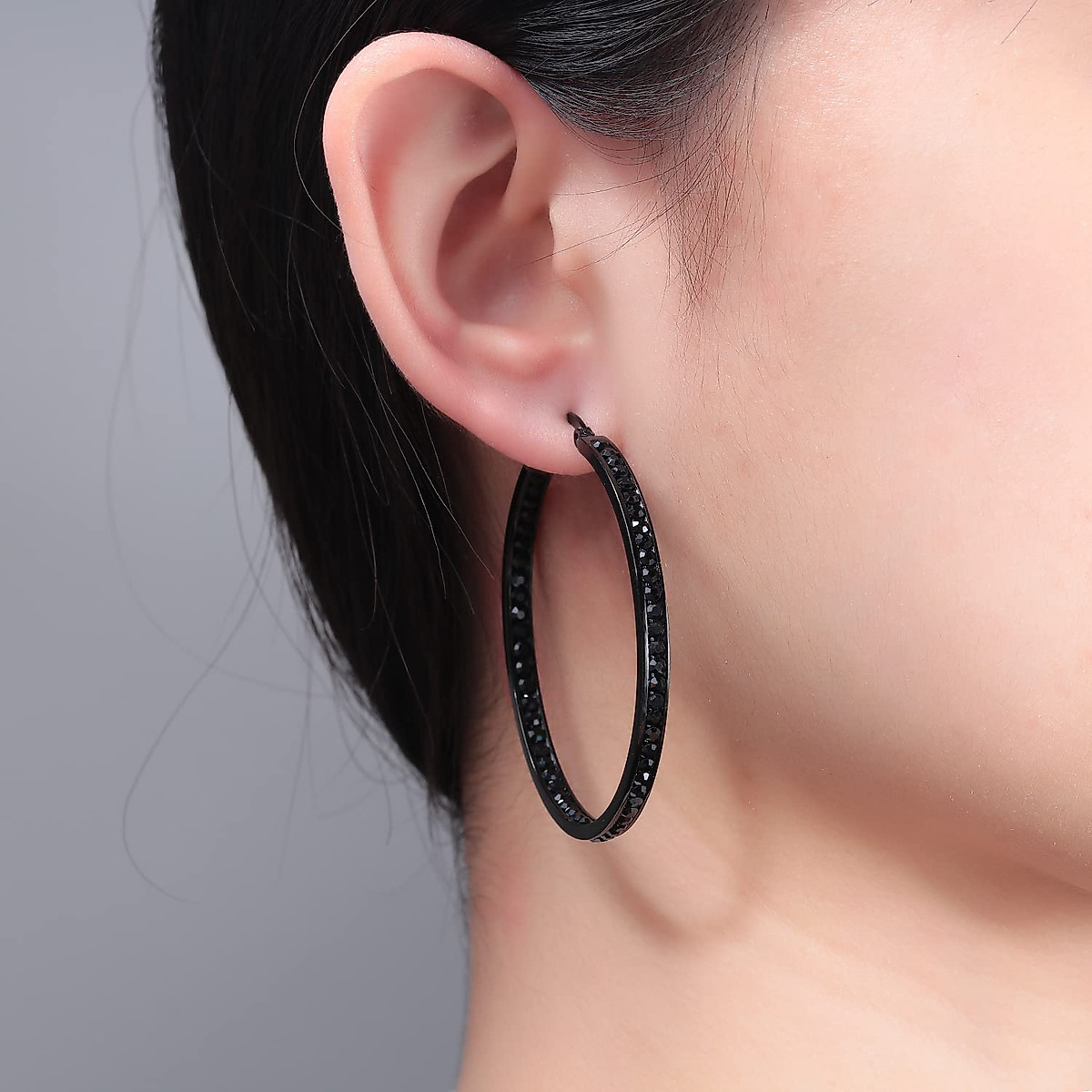 CiNily Black Gold Plated Stainless Steel Hoop Earrings for Women All Black Cubic Zirconia Big Hoop Earrings 2" 50 mm