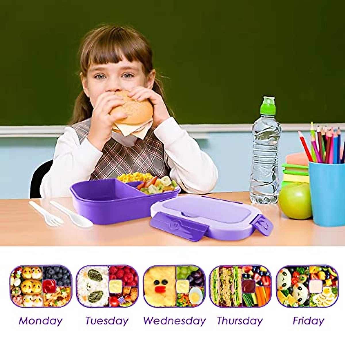 New Bento Box Lunch Box, 1.3L Bento Box Adult Lunch Box, Lunch Containers for Adults/Students/Teen, 5 Cup Bento Boxes with 4 Compartments&Fork, Leak-Proof, Microwave and Dishwasher Safe, Purple