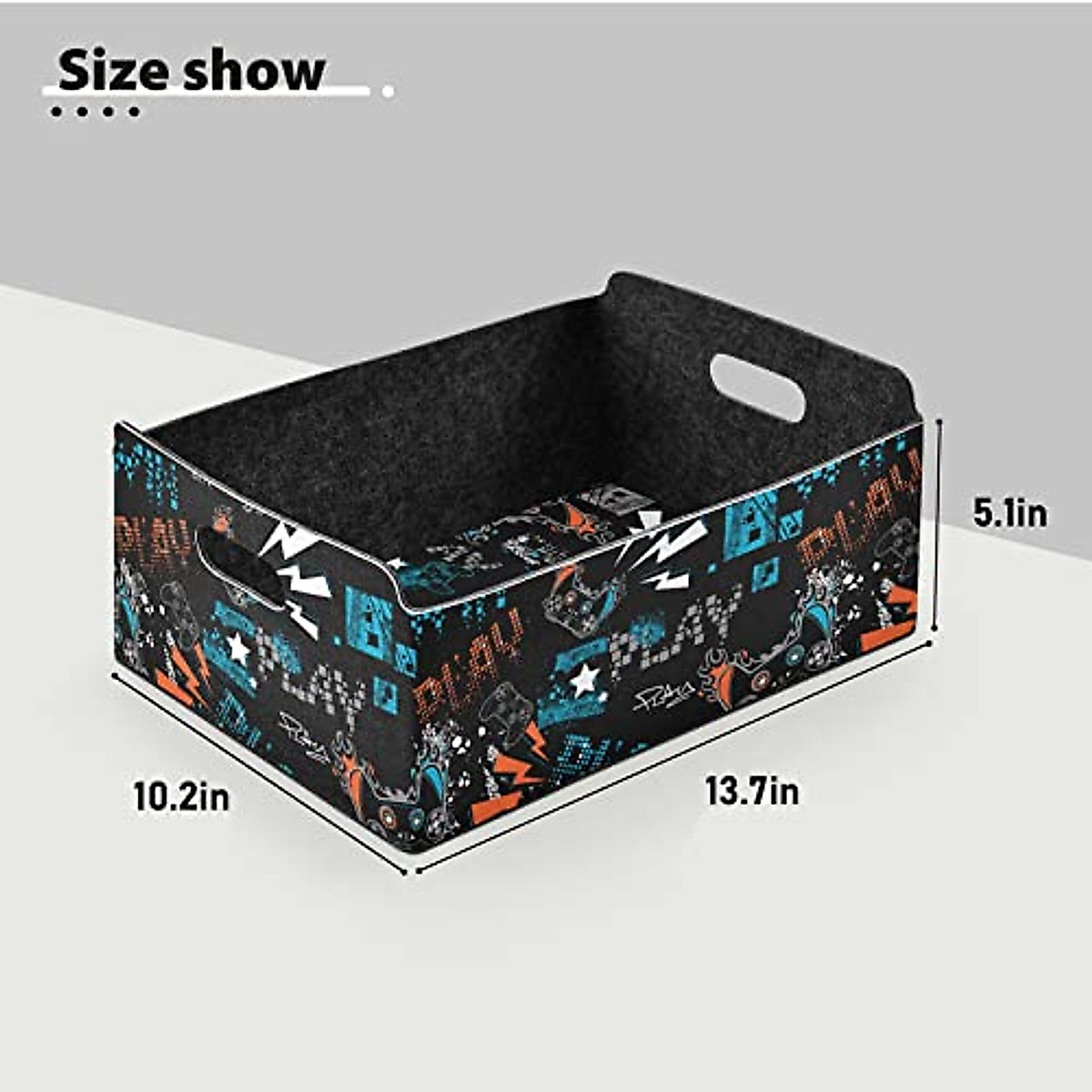 CaTaKu Foldable Storage Basket Gamer Cute Black Collapsible Felt Storage Bins with Handle Drawer Organizer Bin Cube Shelf Box for Organizing Closet Clothes Office Books Bedroom