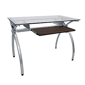 Techni Mobili Modern Work Desk-43.25” Wide Tray-Perfect Clear Contempo Glass Top Computer Desk with Pull Out Keyboard Panel, 43.25" W
