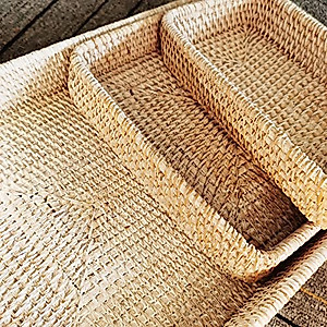 Set of 3 Handmade White Rattan Rectangle Serving Tray Washed White Wicker Serving Organizer Tabletop Fruit Platter with 2”Wall 14 Inch Decorative Bread Drinks Snack Storage Serving Basket Tray