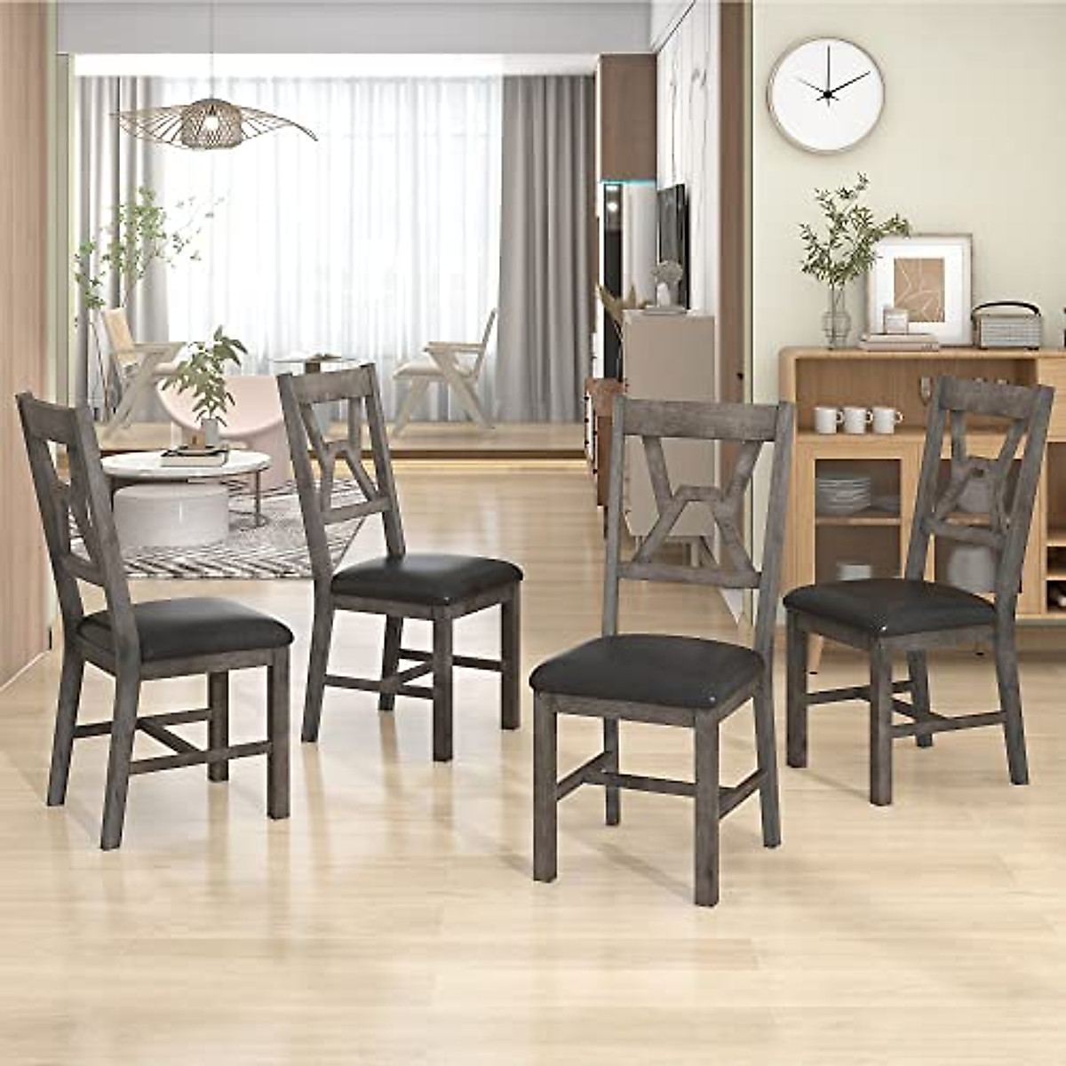 Retro 5-Piece Wood Dining Table Set with Round Table with Cross Legs and 4 Upholstered Chairs,for Small Places,Kitchen and Studio,Classic and Comfortable (Gray#A)