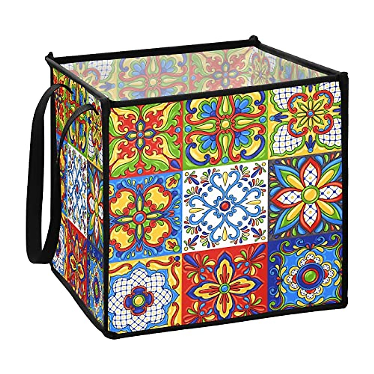 Kigai Mexican Talavera Cube Storage Bins, 13x13x13inch Collapsible Fabric Storage Cubes Organizer with Handles Decorative Storage Baskets for Home, Shelf, Closet