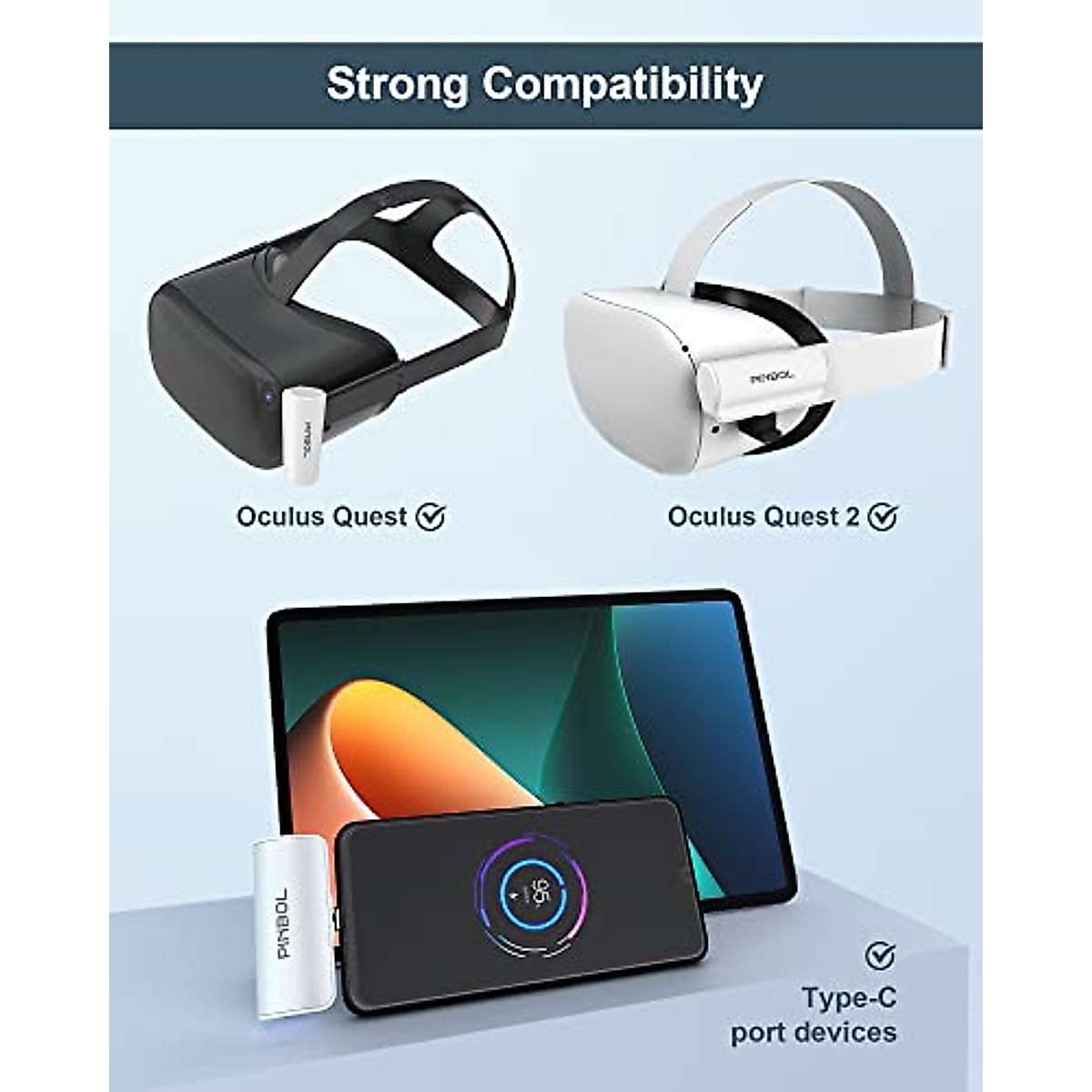 PINBOL Power Bank Battery Pack for Oculus Quest and Quest 2, Portable and Fast Charging Extended Battery, Lightweight Battery Pack for Extra Play Time, 3300mAh