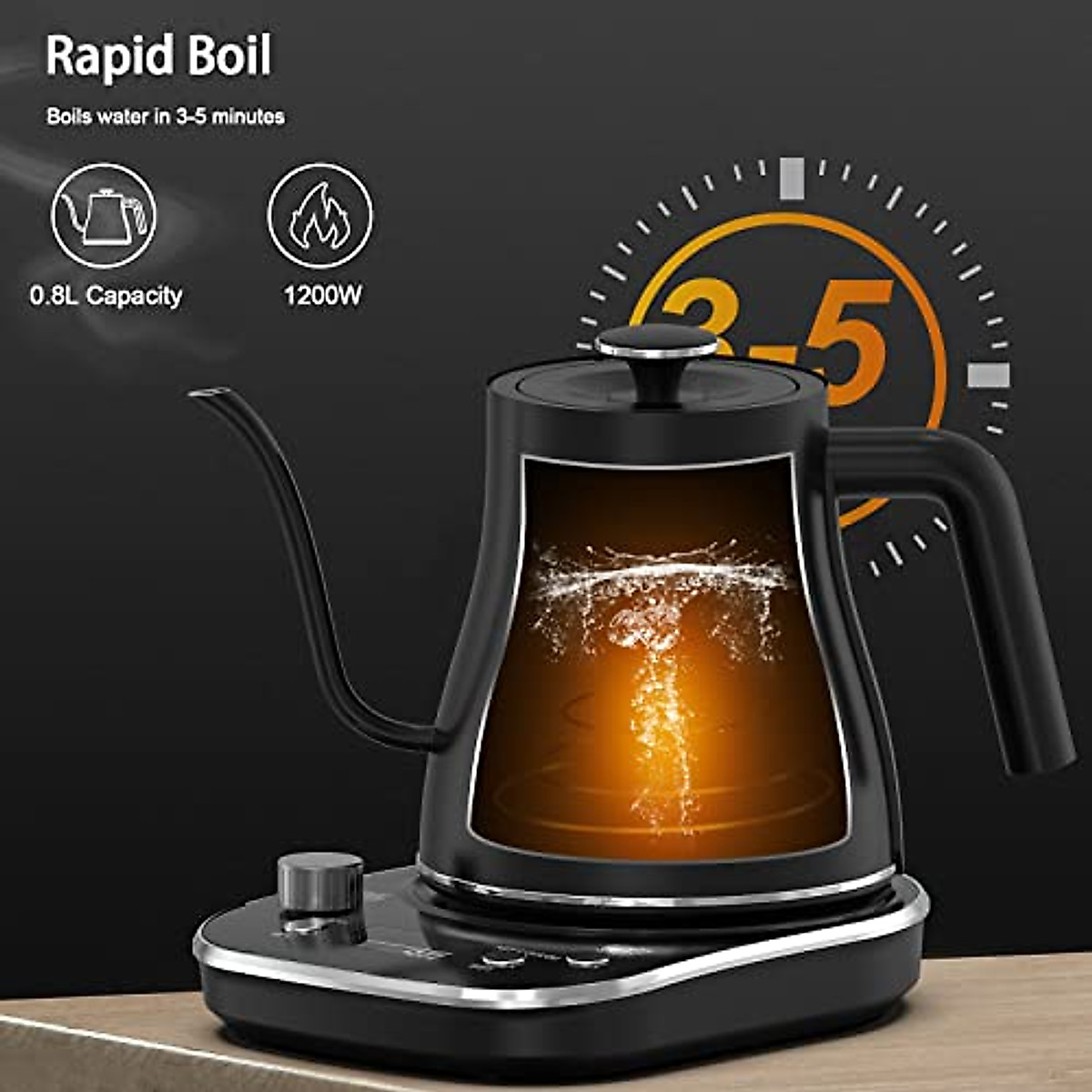 Gooseneck Electric Kettle, WiFi Smart Electric Kettle Temperature Control, Pour Over Kettle and Tea Kettle, TUYA App Control, 1200W Quick Heating, 100% Stainless Steel, 0.8L, Matte Black