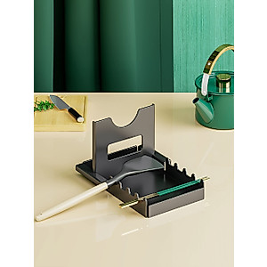 Dr.DJ Metal Spoon Rest Pot Lids Holder Heavy Duty Pot Pan Lid Organizer Stand, Cutting Board Rack Chopping Board Organizer Stand Spoon Rest w Drip Tray Kitchen Countertop, Stainless (Black)