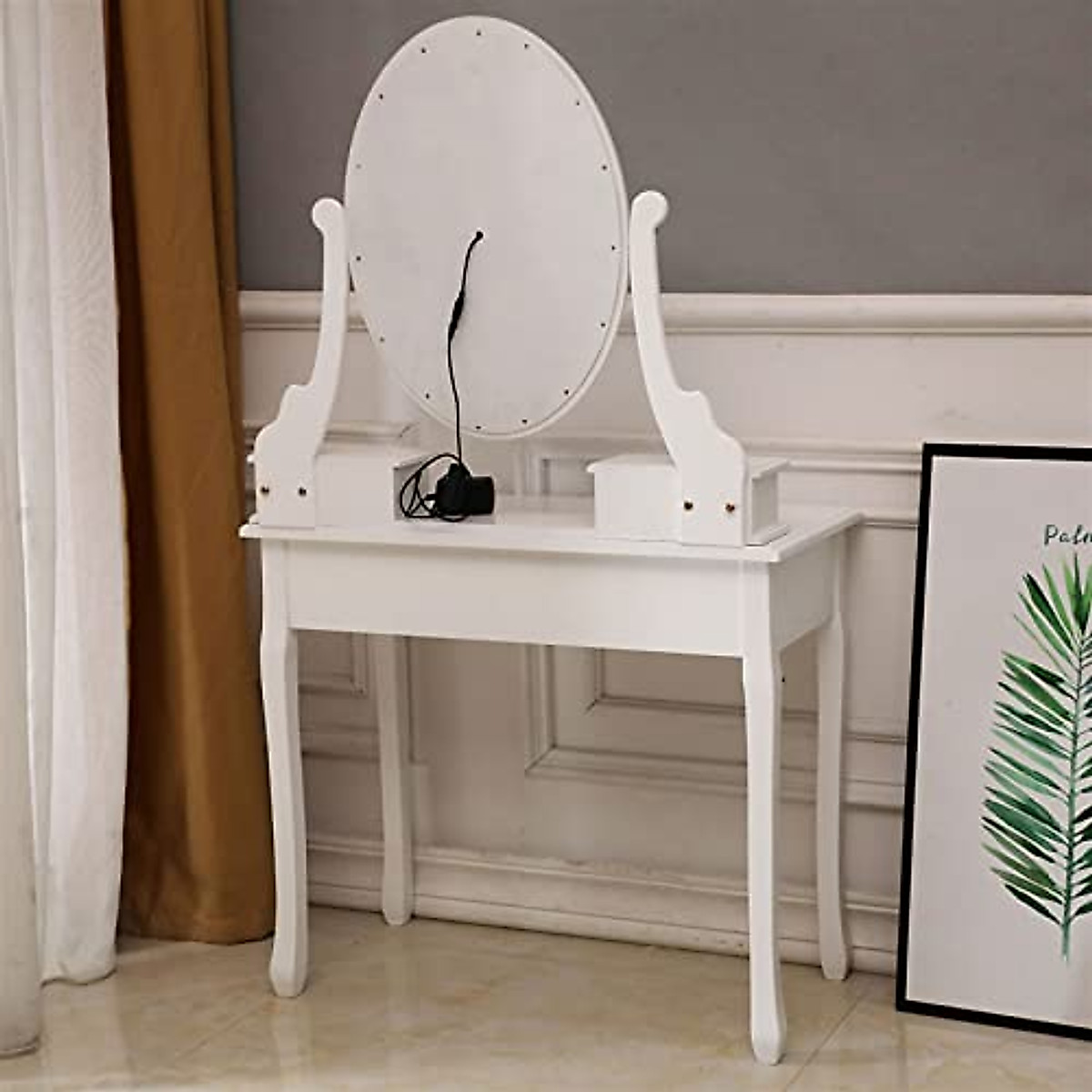 White Lighted Makeup Vanity Set - Makeup Desk with 360° Rotating Oval Mirror and Cushioned Stool - Make-up Vanity Station with Removable Top - Dressing Table with 10 Light Bulbs and 5 Sliding Drawers