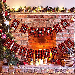 Jolik Merry Christmas Banner with Two Snowflake Flags - Buffalo Plaid Banner Decoration for Fireplace Wall Tree Christmas Decoration