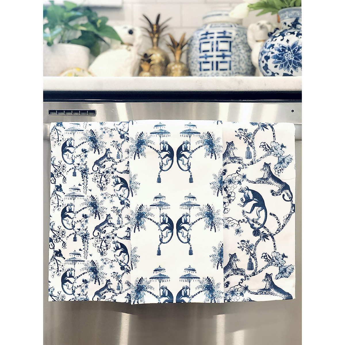 All Day Soirée Chinoiserie Designer Kitchen Tea Towels 3 Pack 100% Absorbent Cotton Tiger Monkey Floral Hand Towel Large Dish Cloth Set Blue White