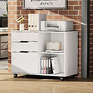 OLIXIS 3 Drawer Wood File Cabinet Small Mobile Lateral Filing Printer Stand Storage with Open Shelf Shelves for Home Office, White