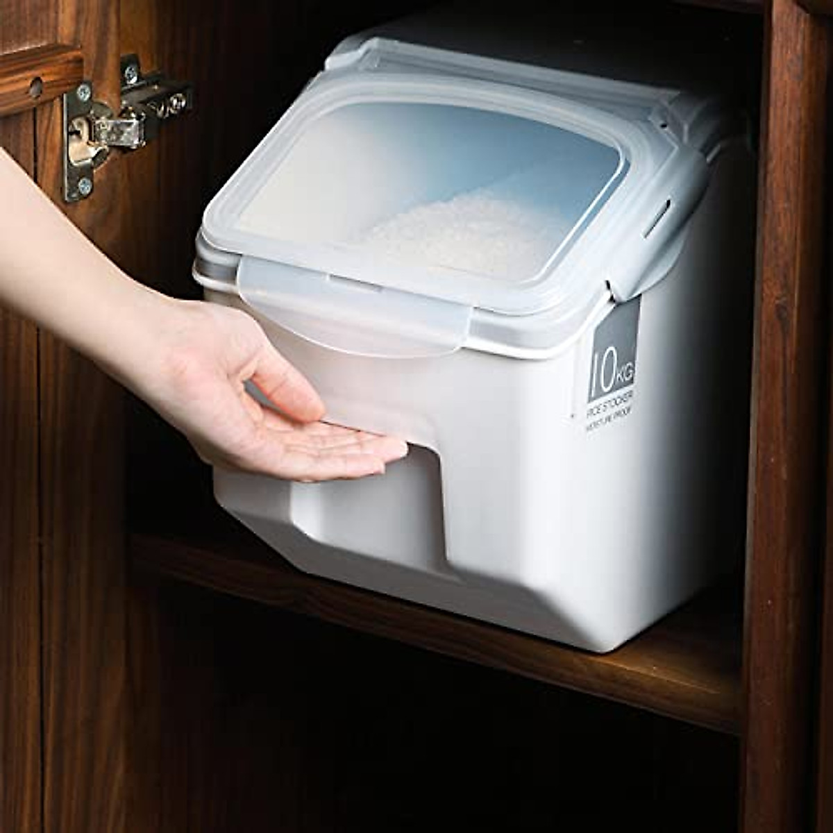 ACGrade Rice Container, Rice Dispenser Container, Clamshell Rice Container, 10kg/15kg Rice Container, Kitchen Container Barrel, Rice Storage Container Plastic, for Whole Grains, Gray, 10.6x13x9in