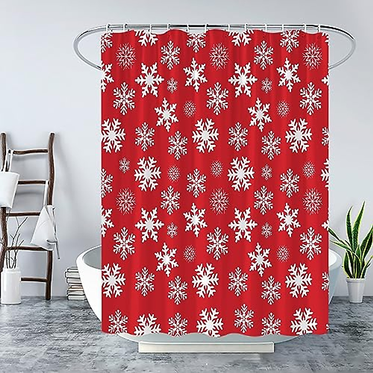 JJYPPY Merry Christmas Snowflake Shower Curtain Red White Snowflake Xmas Snowflakes Winter Holiday New Year Fabric Bath Curtain Set with Hook